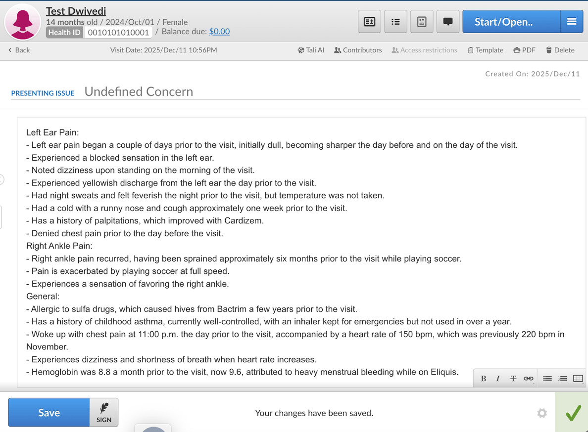 Record patient notes using Tali-CHR integration